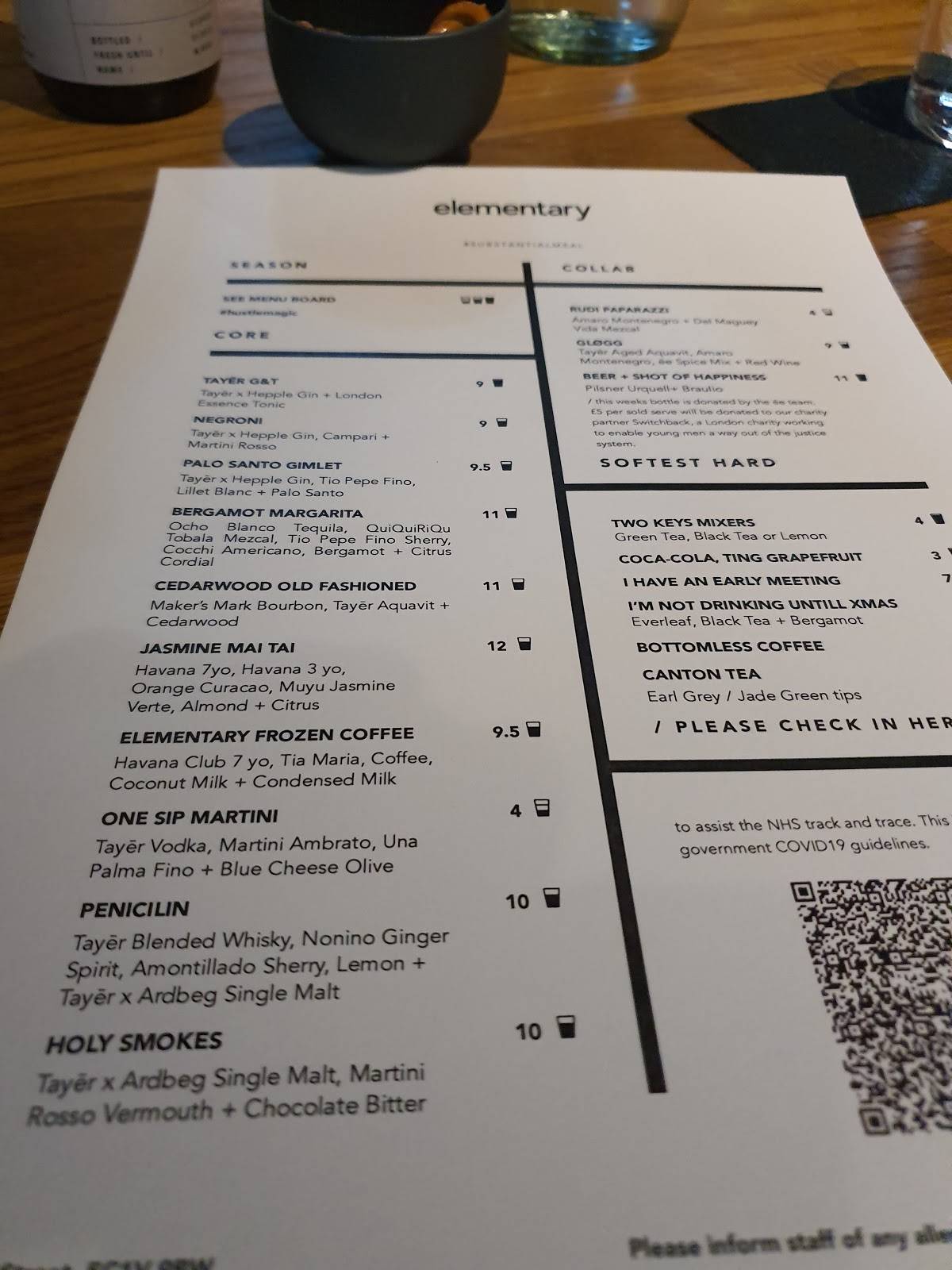 Menu at Tayēr + Elementary pub & bar, London