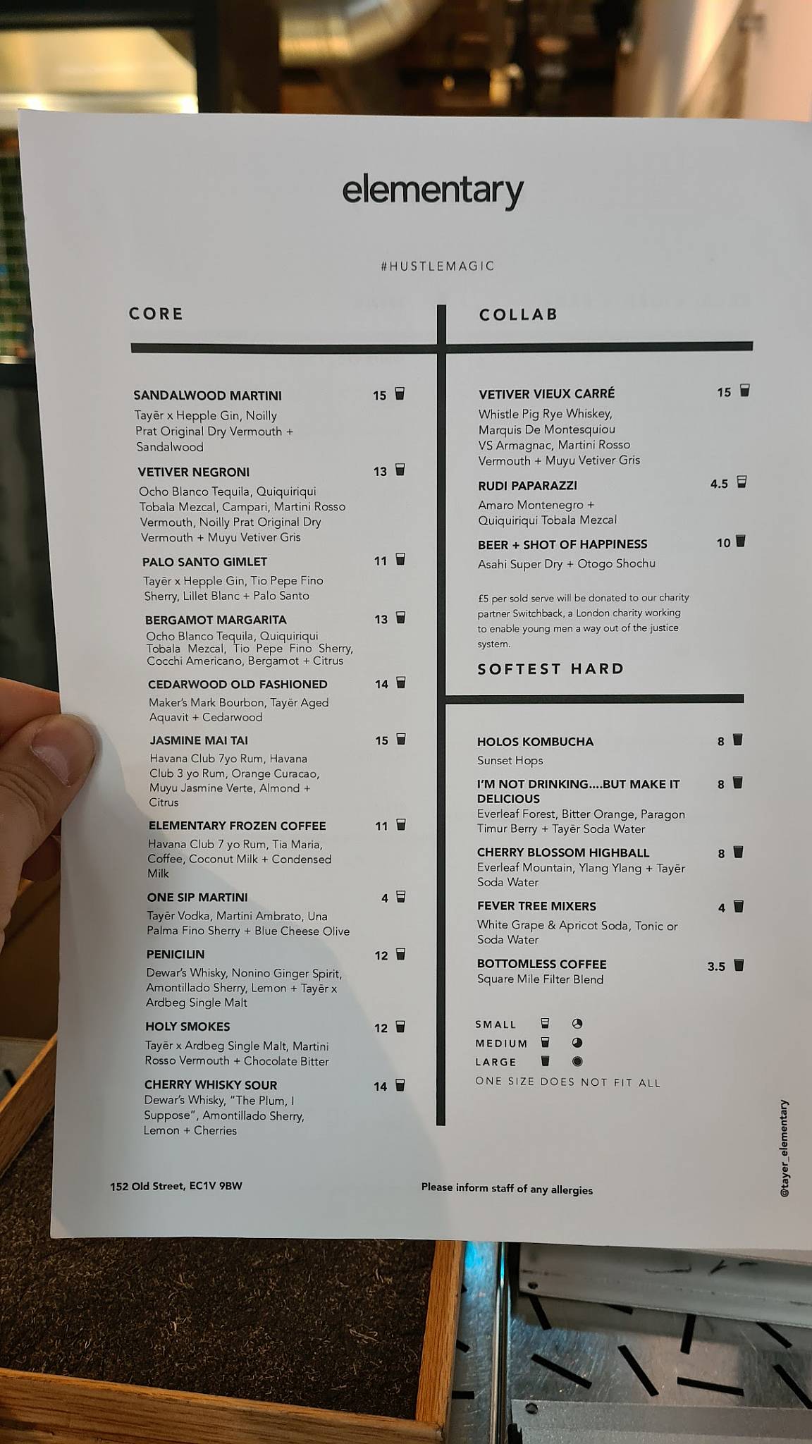 Menu at Tayēr + Elementary pub & bar, London