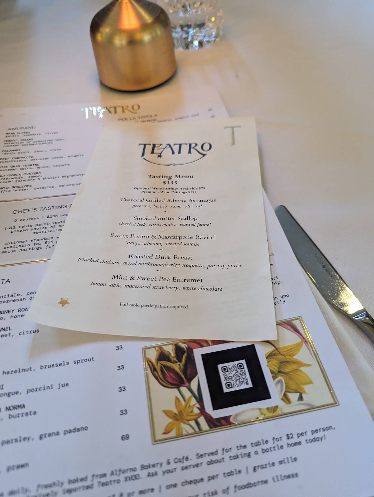 Menu at Teatro Ristorante restaurant, Calgary