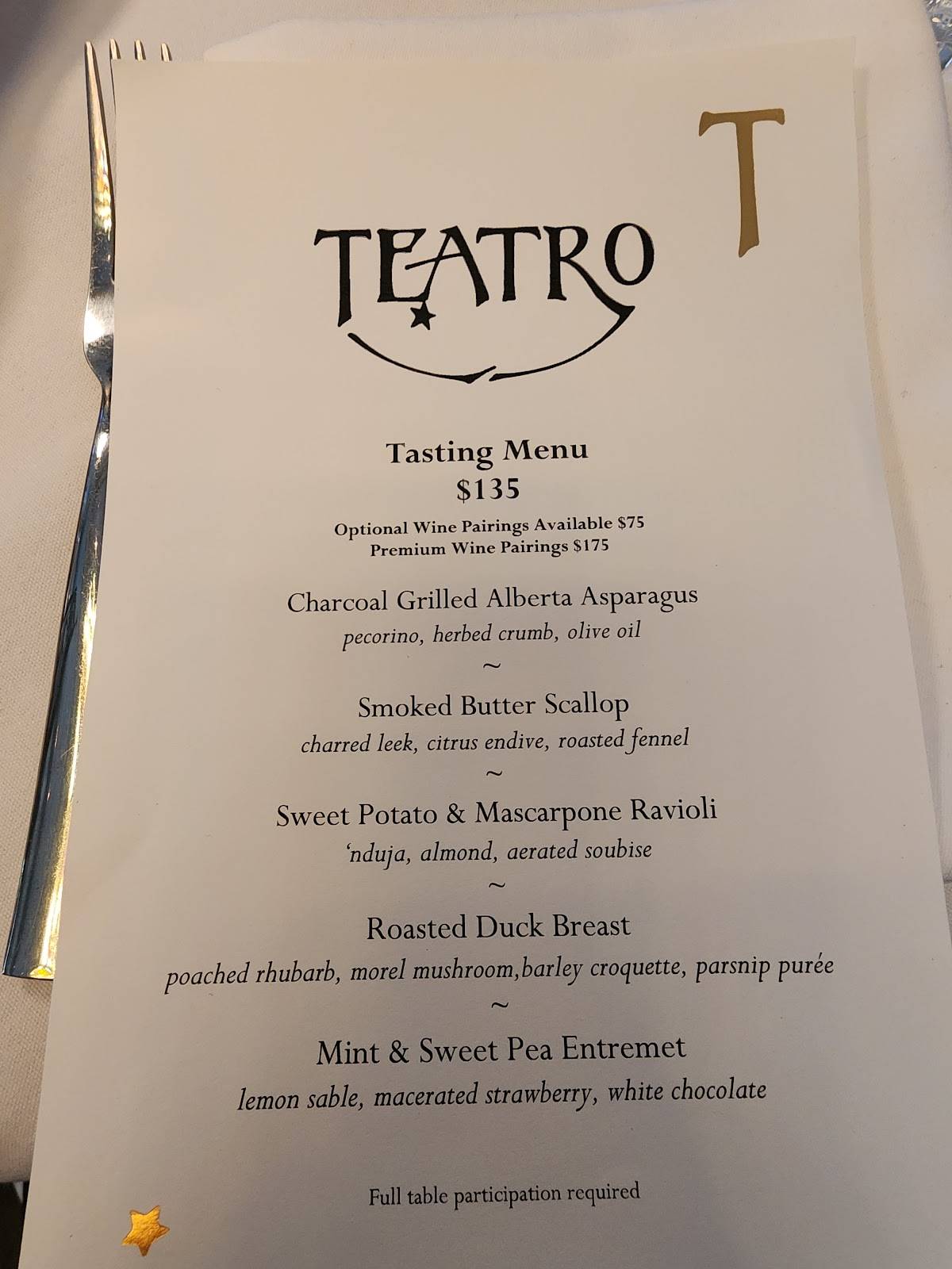 Menu at Teatro Ristorante restaurant, Calgary