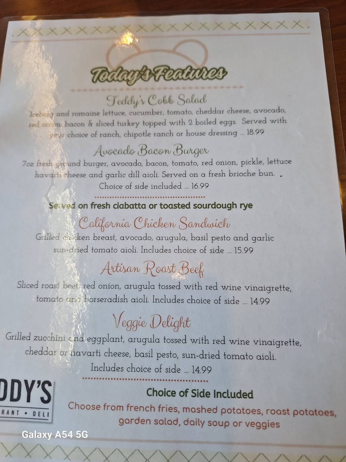 Menu at Teddy's Restaurant & Deli, Oshawa