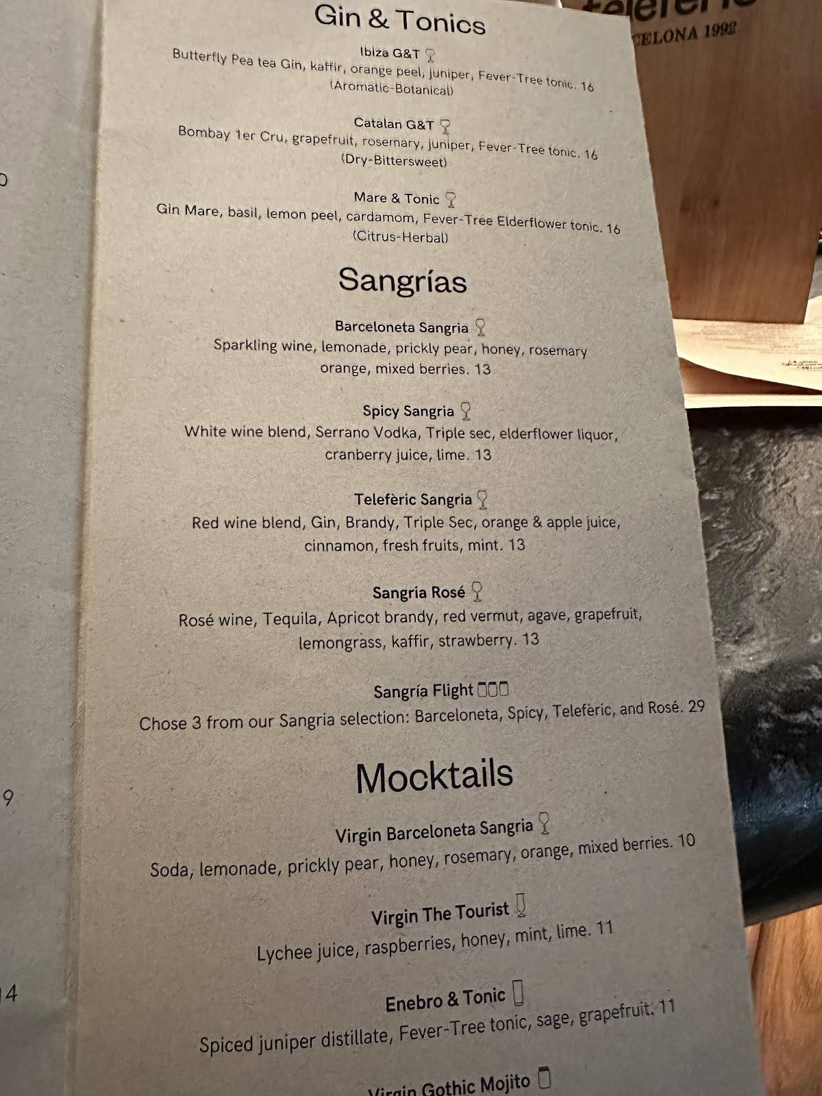 Menu at Teleferic Barcelona Long Beach, Long Beach