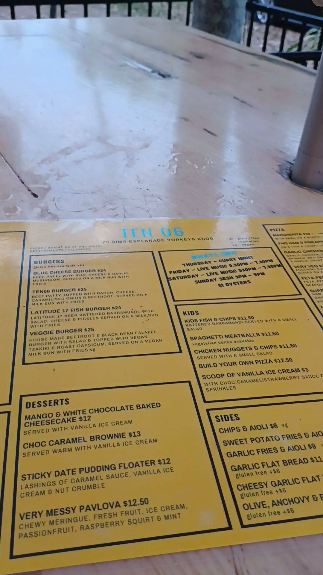 Menu at Ten 06 restaurant, Yorkeys Knob