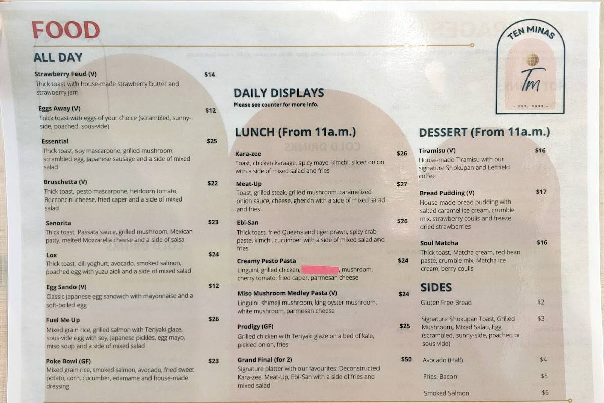 Menu at Ten Minas cafe, Como