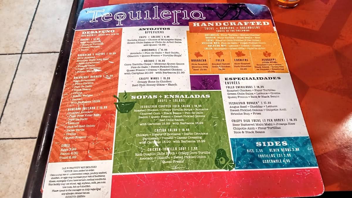 Menu at Tequileria restaurant, Charlotte, Josh Birmingham Pkwy