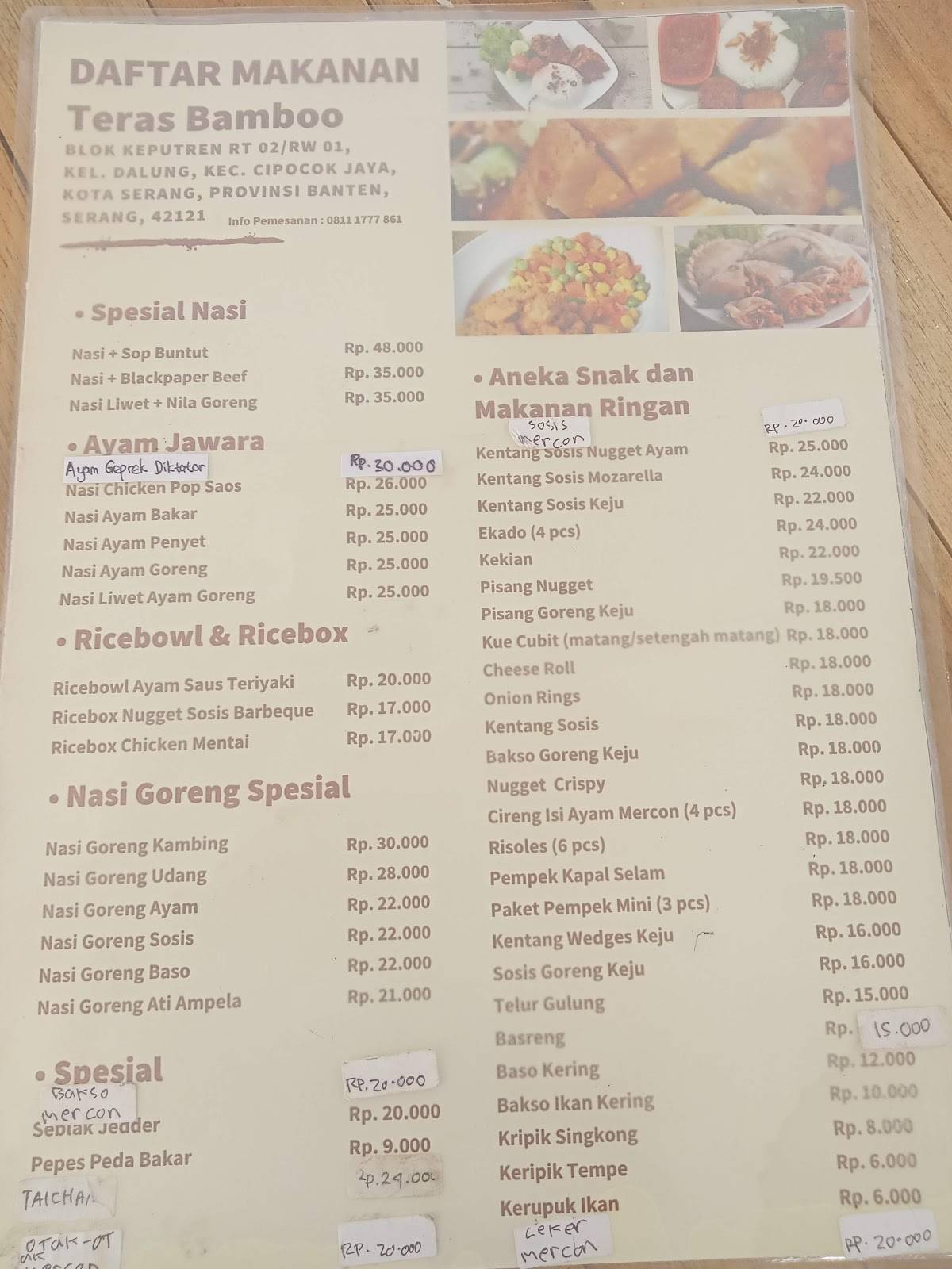 Menu at Teras Bamboo cafe, Serang