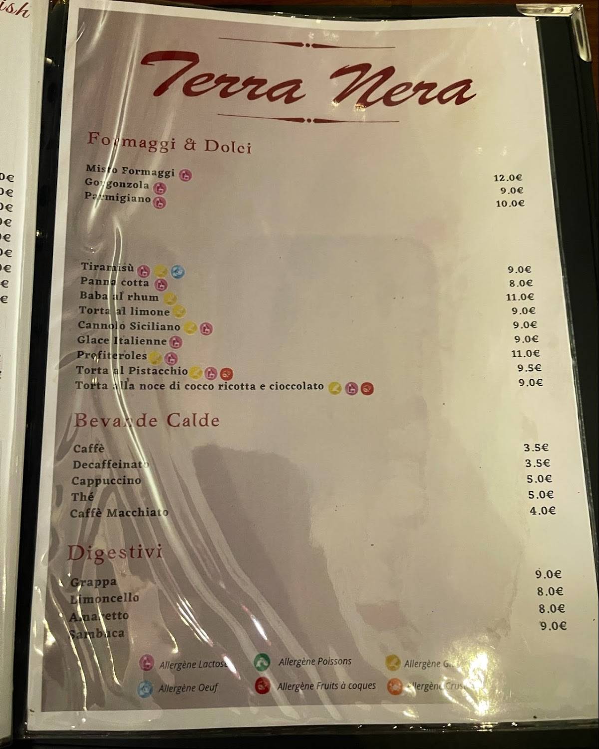 Menu at Terra Nera restaurant, Paris