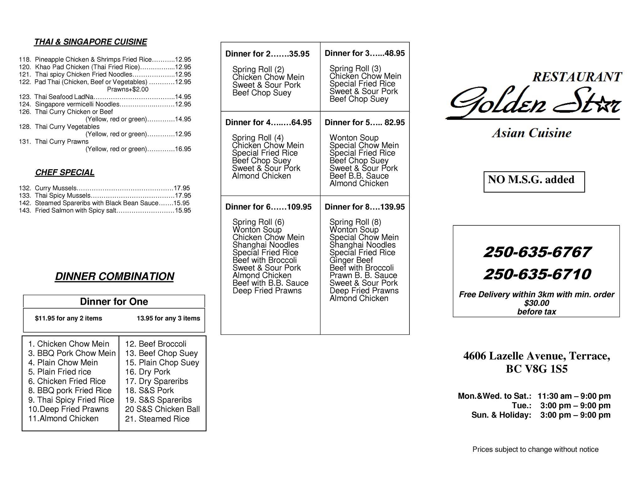 Menu at Golden Star Restaurant, Terrace