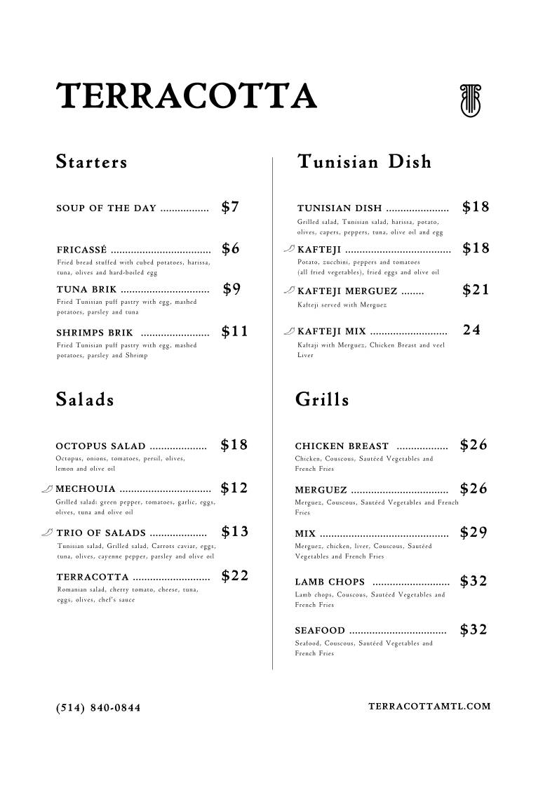 Menu au Terracotta Restaurant, Montréal