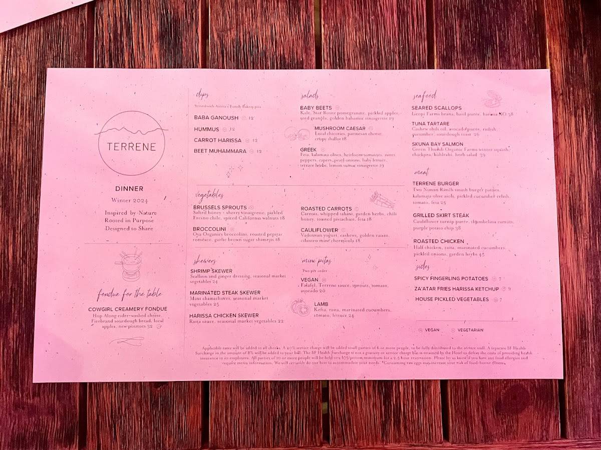 Menu at Terrene pub & bar, San Francisco