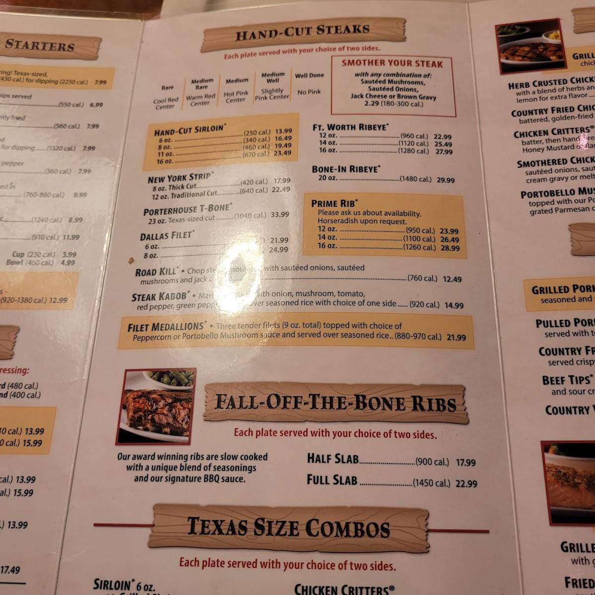 Menu at Texas Roadhouse restaurant, Kyle