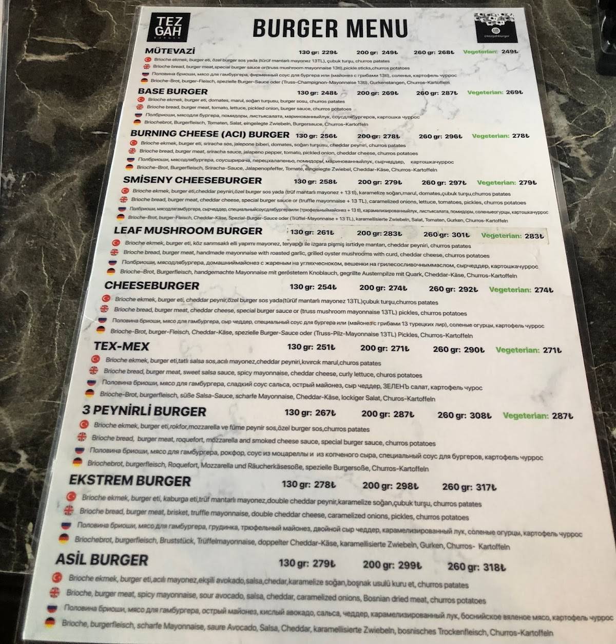 Menu at Tezgah Burger (The Land Of Legends), Turkey