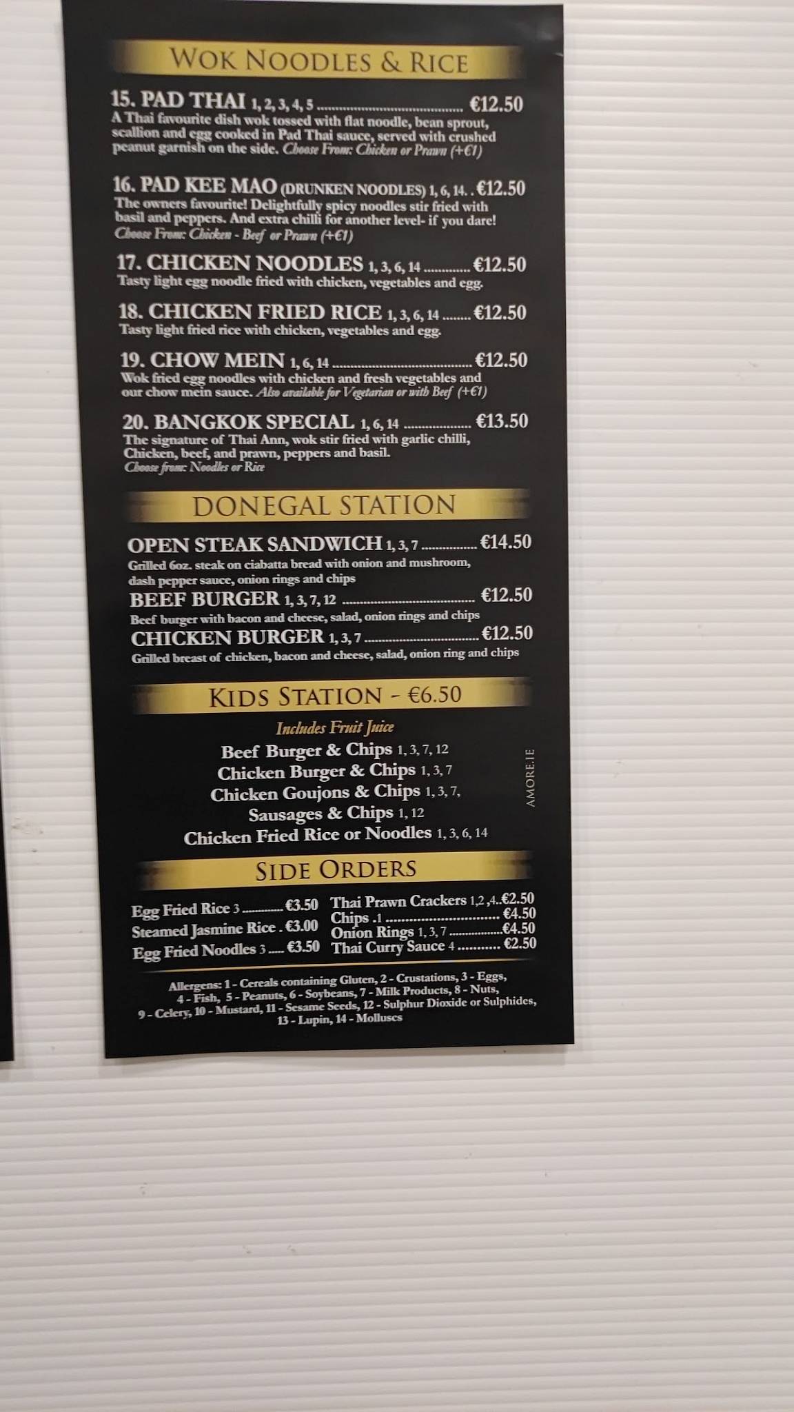 Menu at Thai Ann restaurant, Donegal