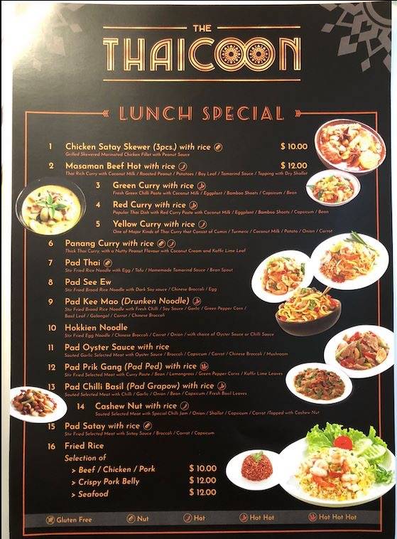 Menu at Thaicoon Restaurant, Port Macquarie