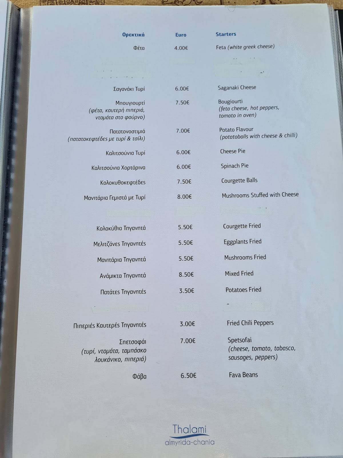 Menu at Thalami, Almyrida