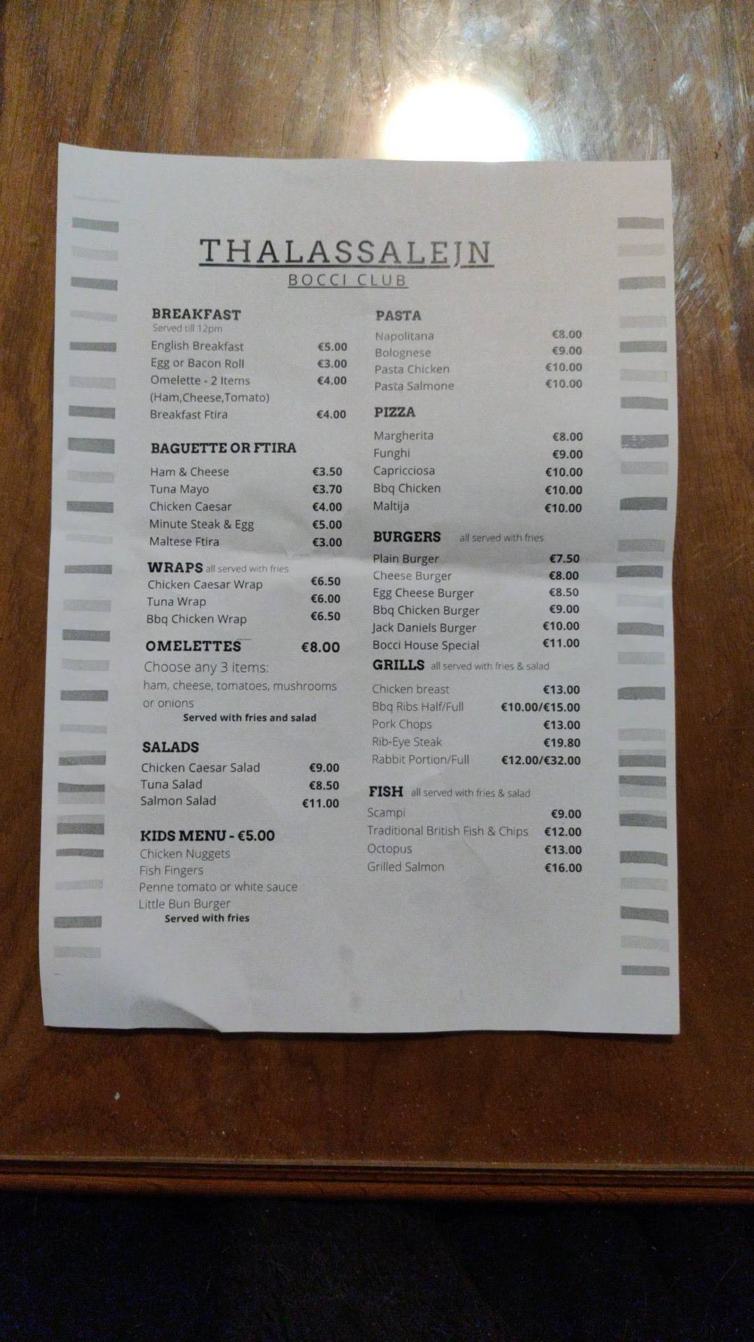 Menu at Thalassalejn Boċċi Club, Saint Paul's Bay