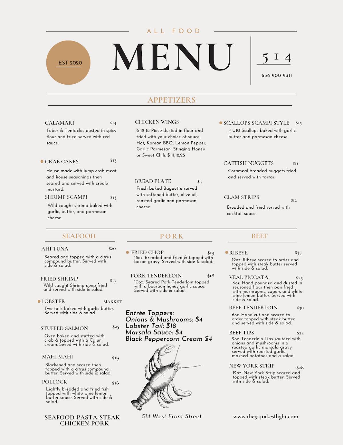 Menu at The 514 steakhouse, Washington