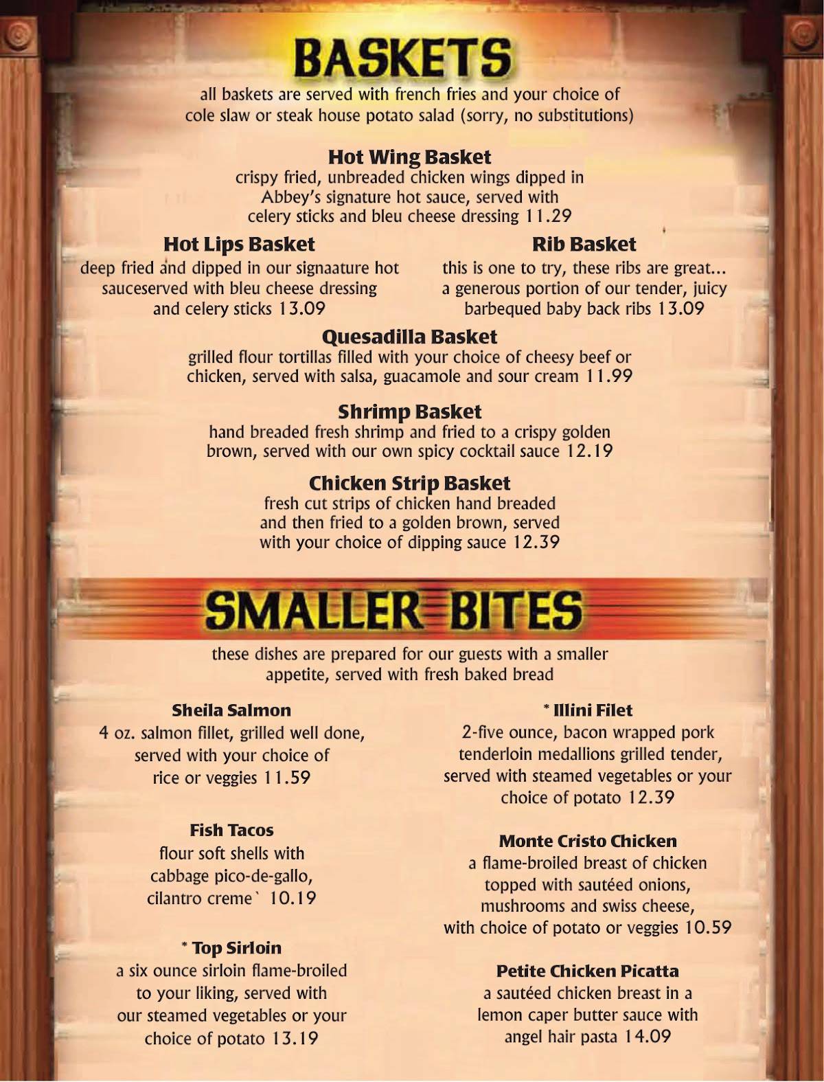 Menu at The Abbey steakhouse, Quincy
