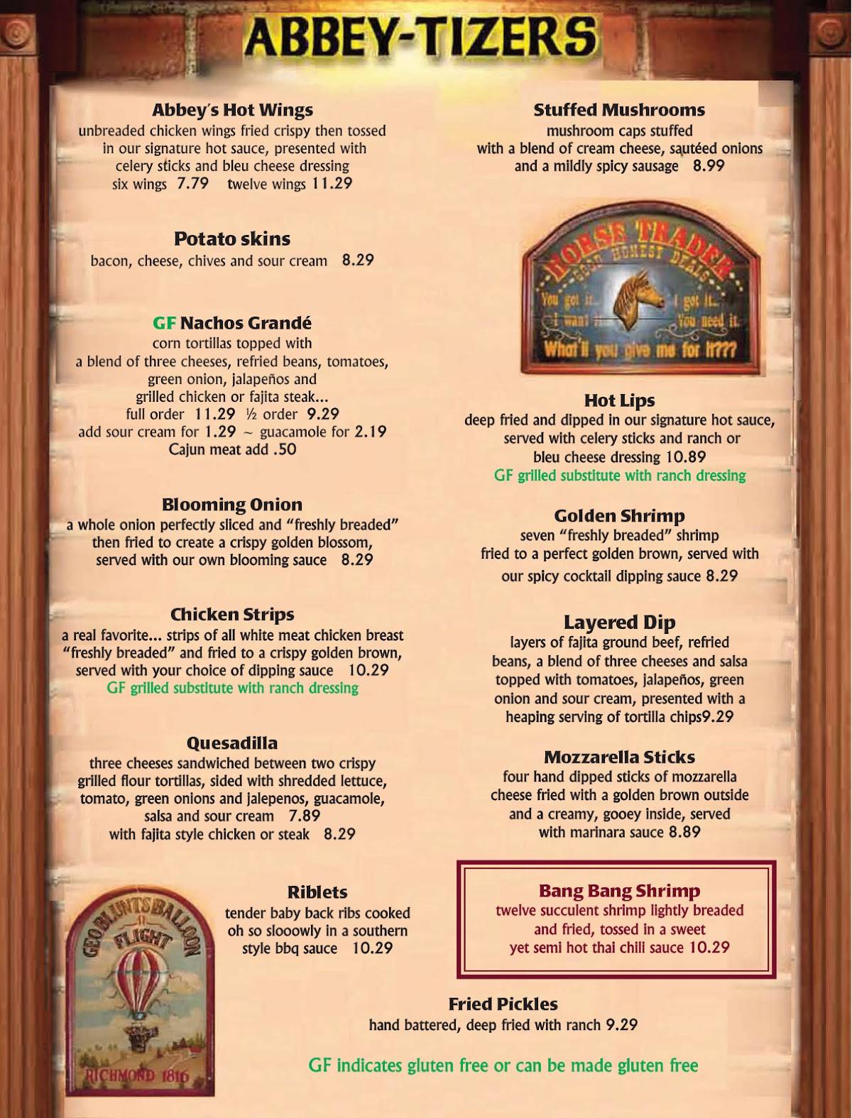 Menu at The Abbey steakhouse, Quincy
