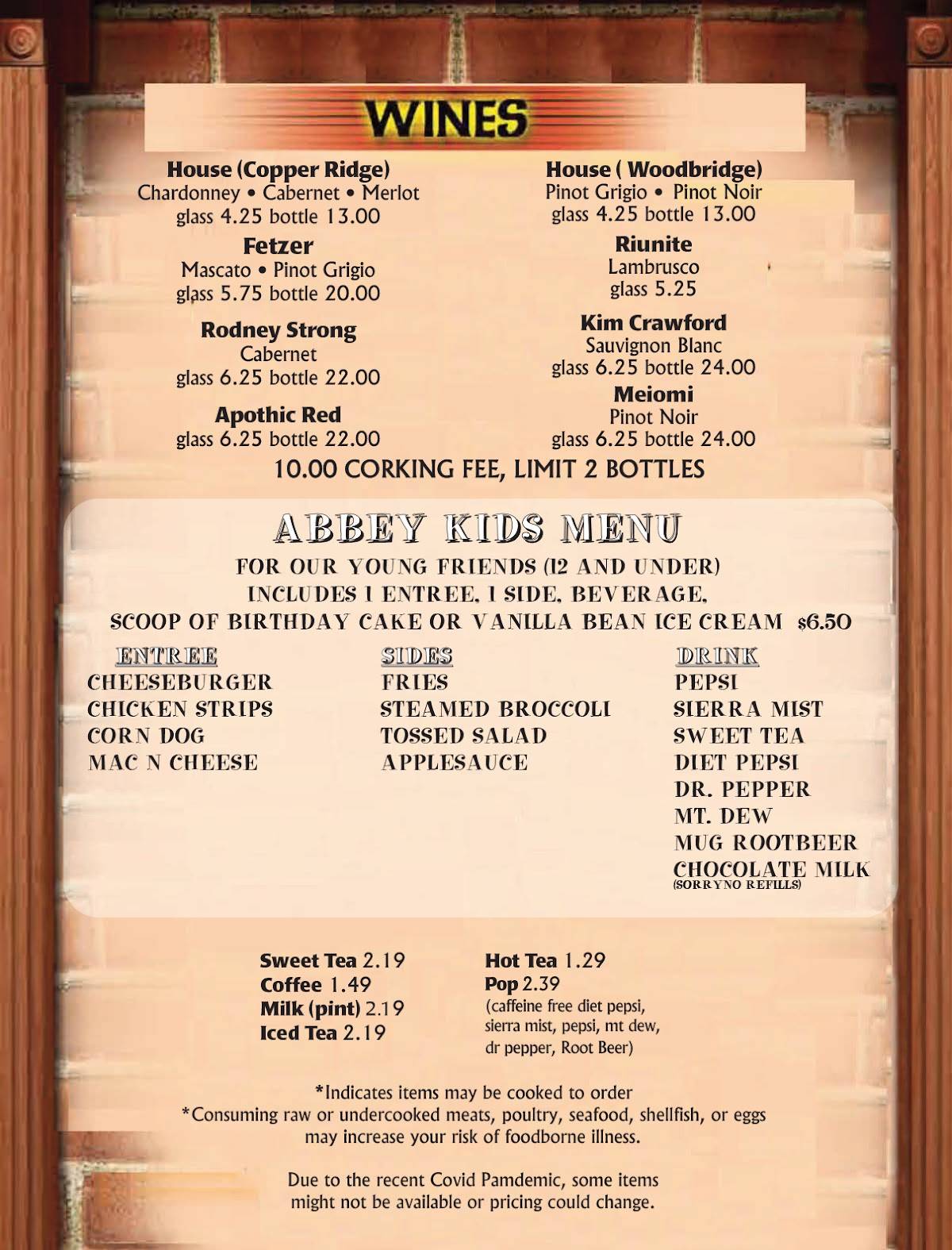 Menu at The Abbey steakhouse, Quincy