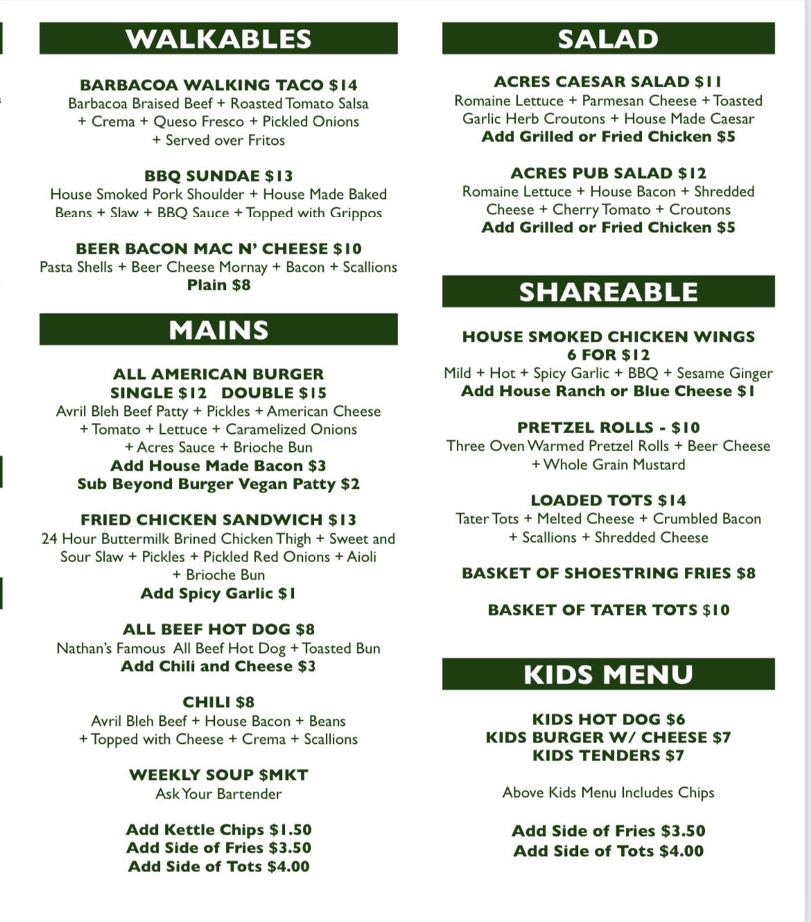 Menu at The Acres - Restaurant + Bar + Driving Range + Mini Golf ...