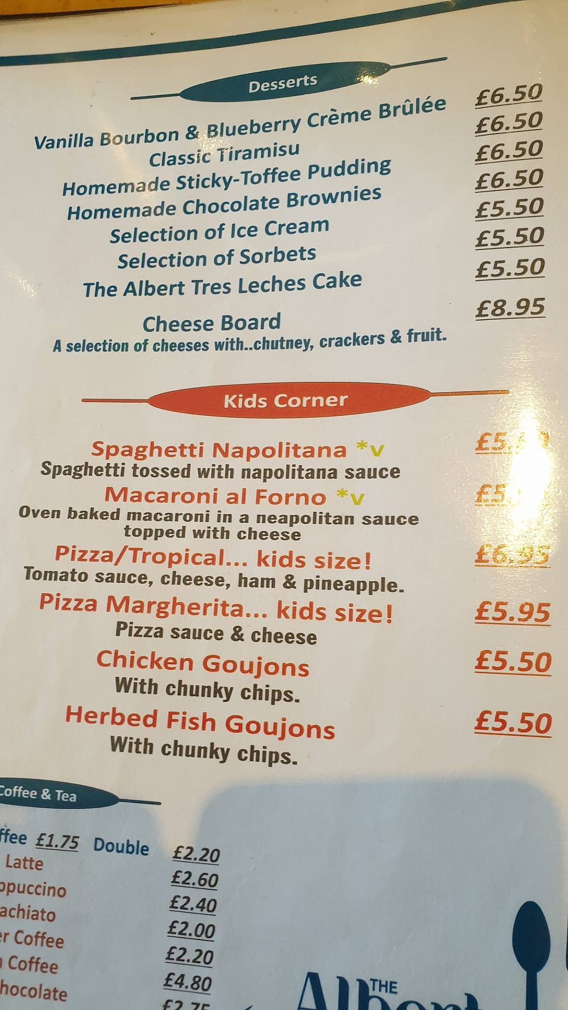 Menu at The Albert Bar/restaurant, Tamworth