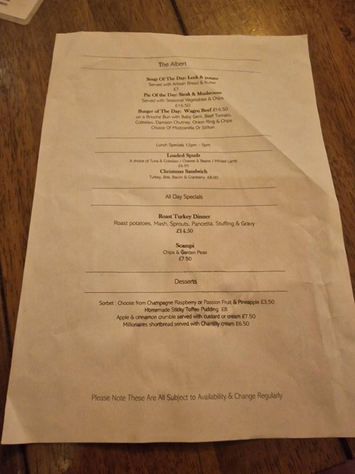 Menu at The Albert pub & bar, Bowness-on-Windermere