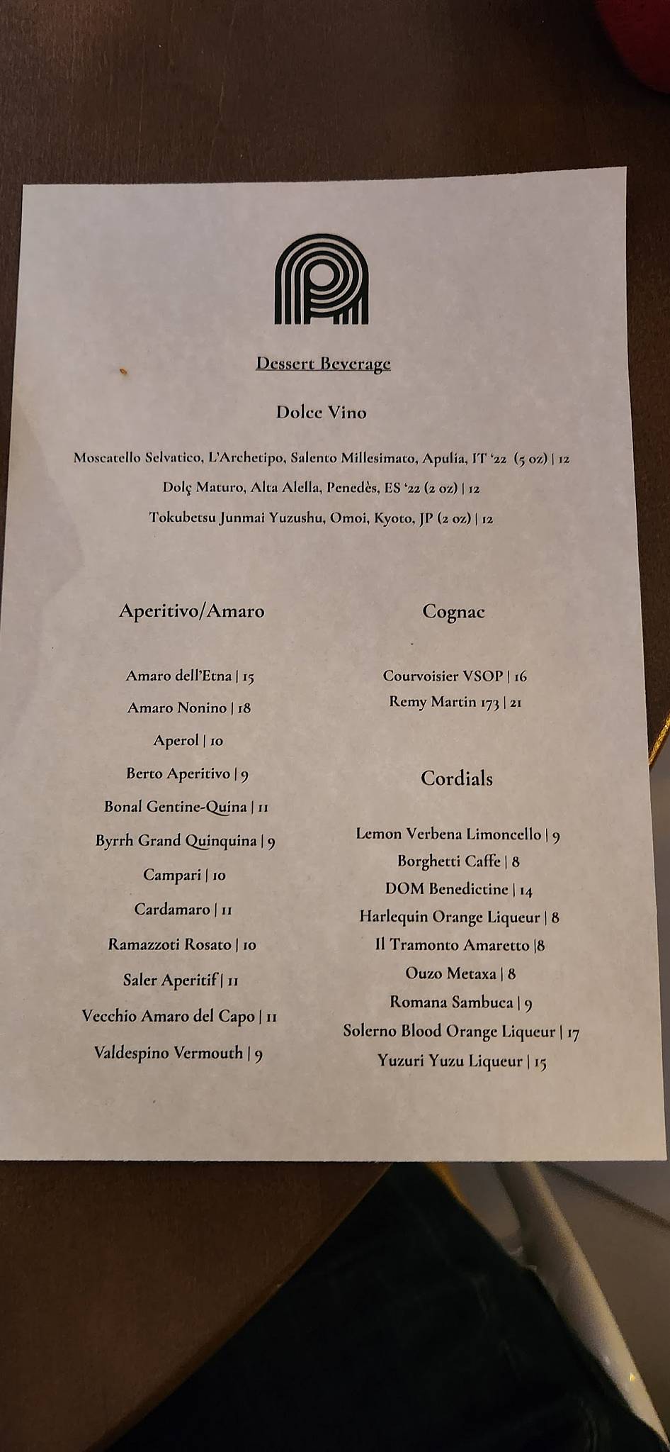Menu at The Aperture restaurant, Cincinnati