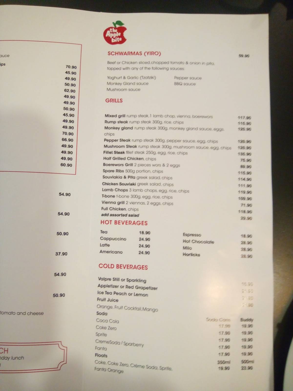 Menu at The Apple Bite restaurant, Edenvale