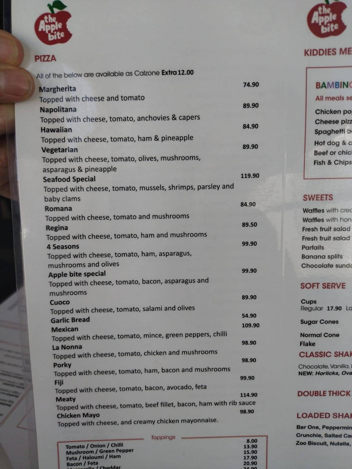 Menu at The Apple Bite restaurant, Edenvale