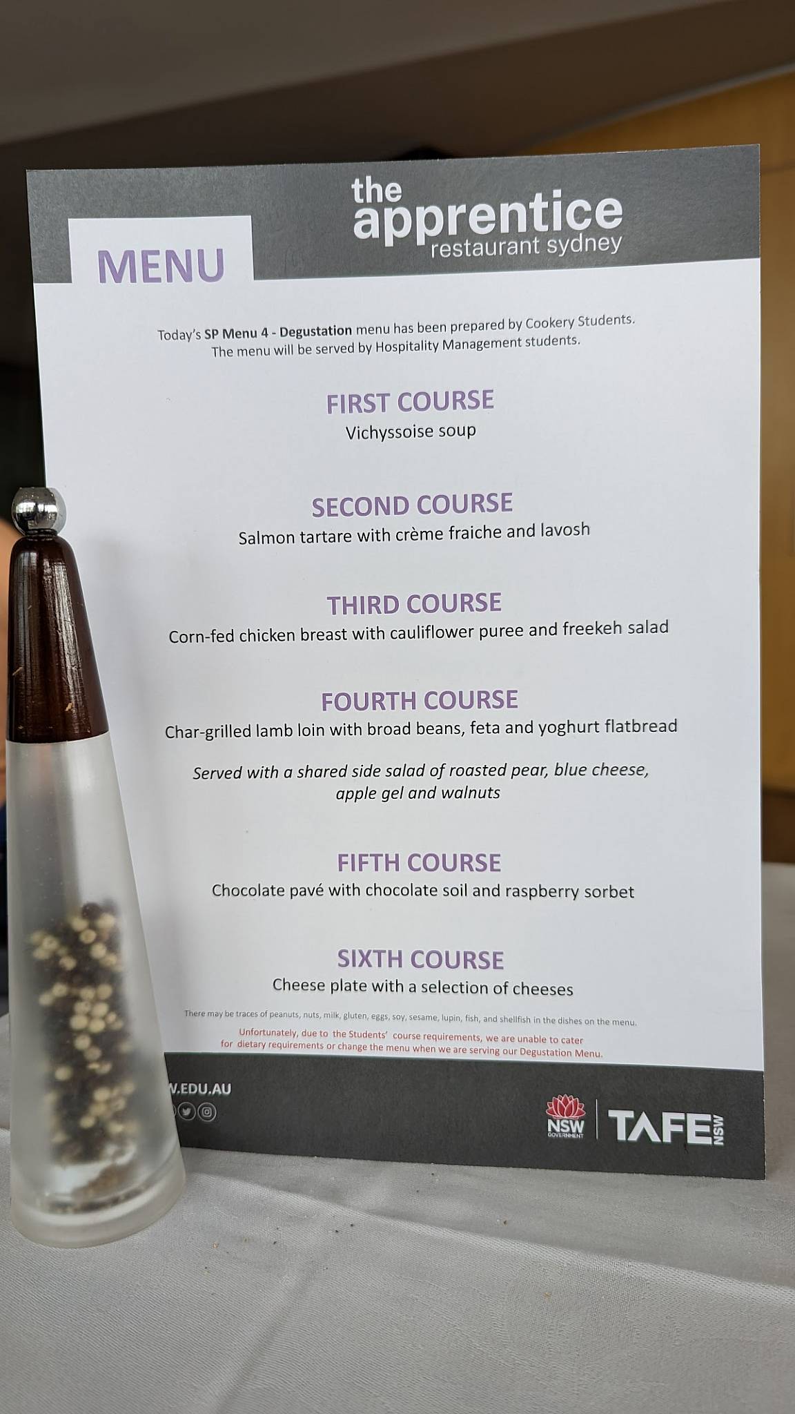 Menu at The Apprentice Restaurant Sydney, Ultimo