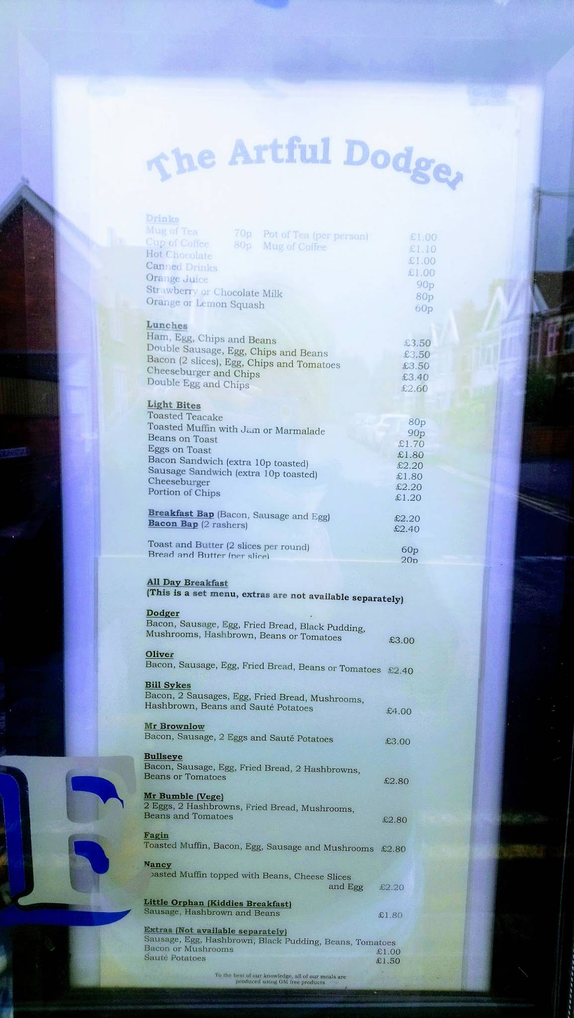 Menu at The Artful Dodger cafe, Burnham-on-Sea