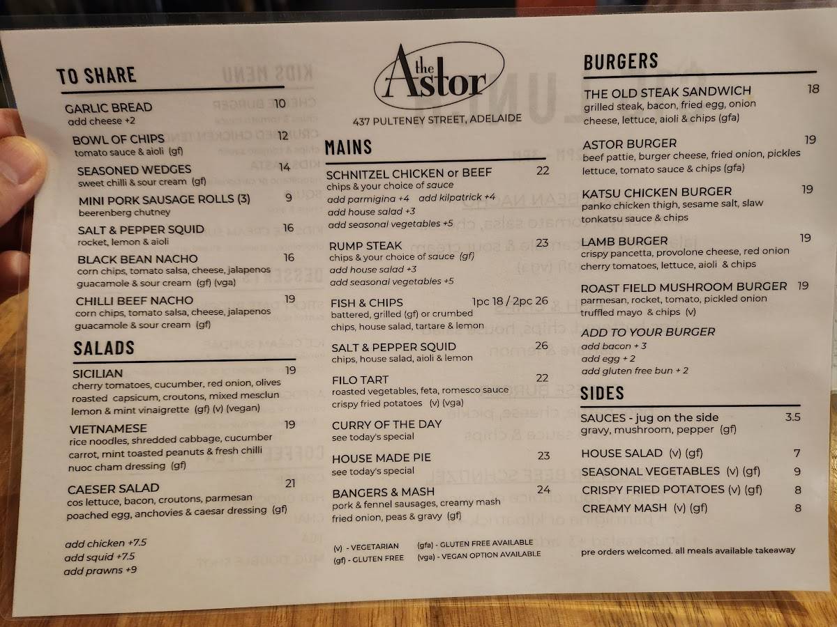 Menu at The Astor Hotel restaurant, Adelaide