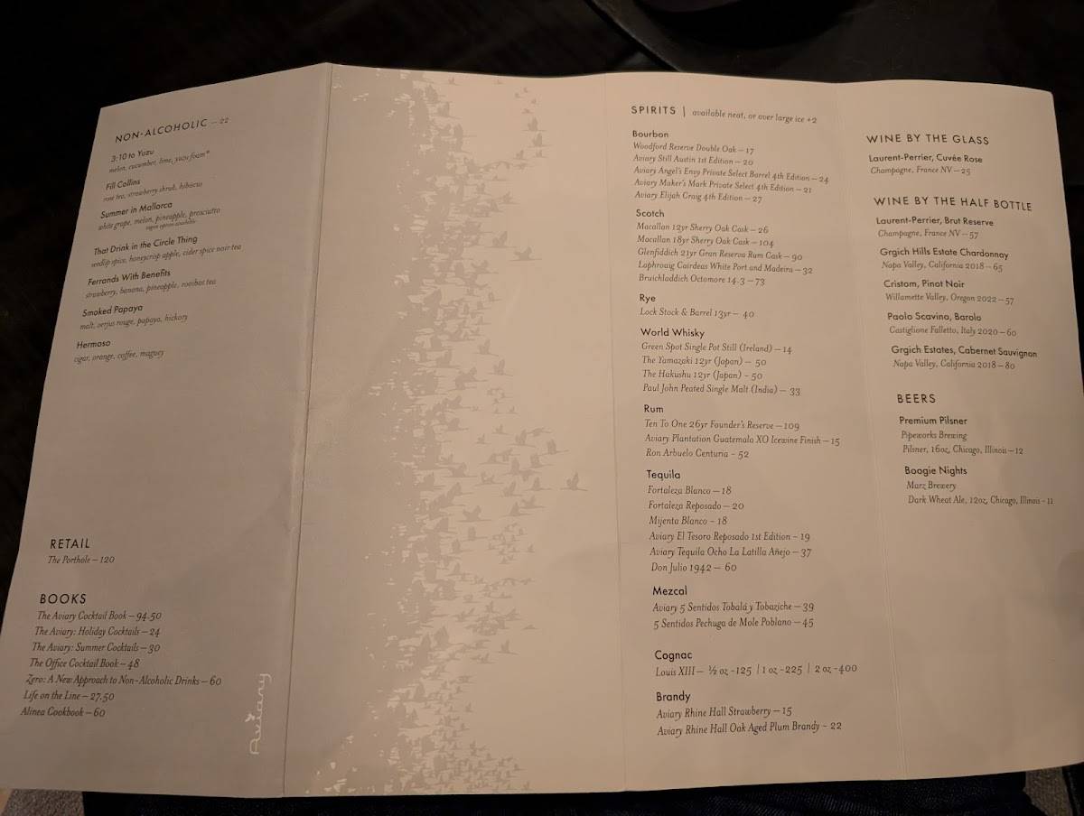 Menu at The Aviary pub & bar, Chicago