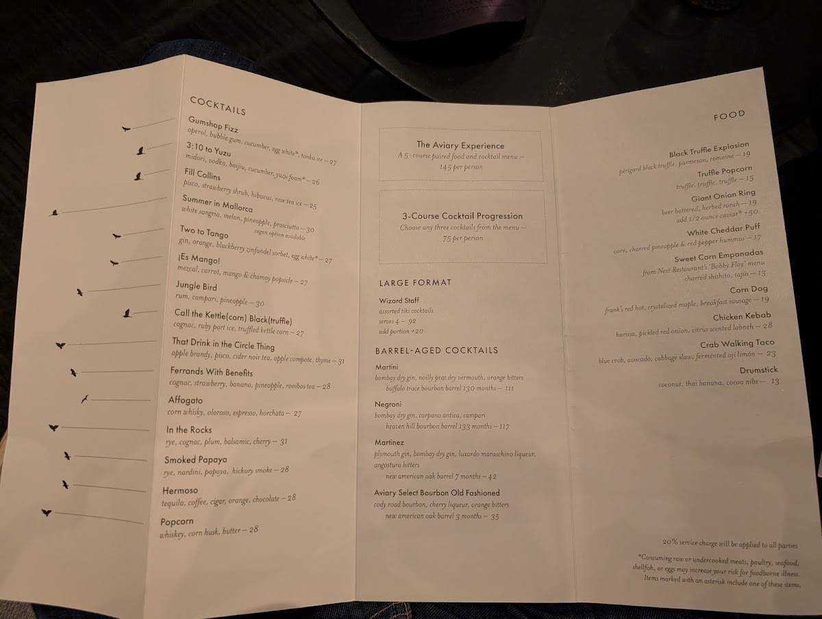 Menu at The Aviary pub & bar, Chicago