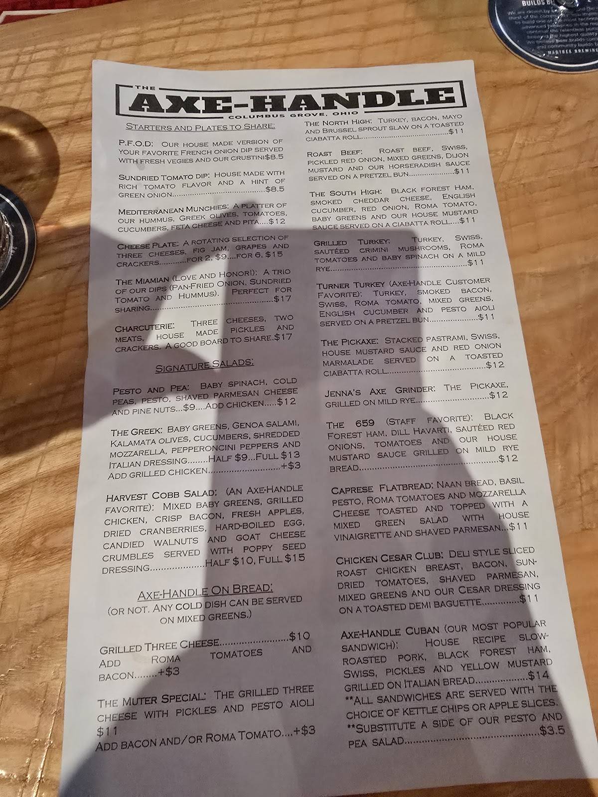 Menu at The Axe-Handle restaurant, Columbus Grove