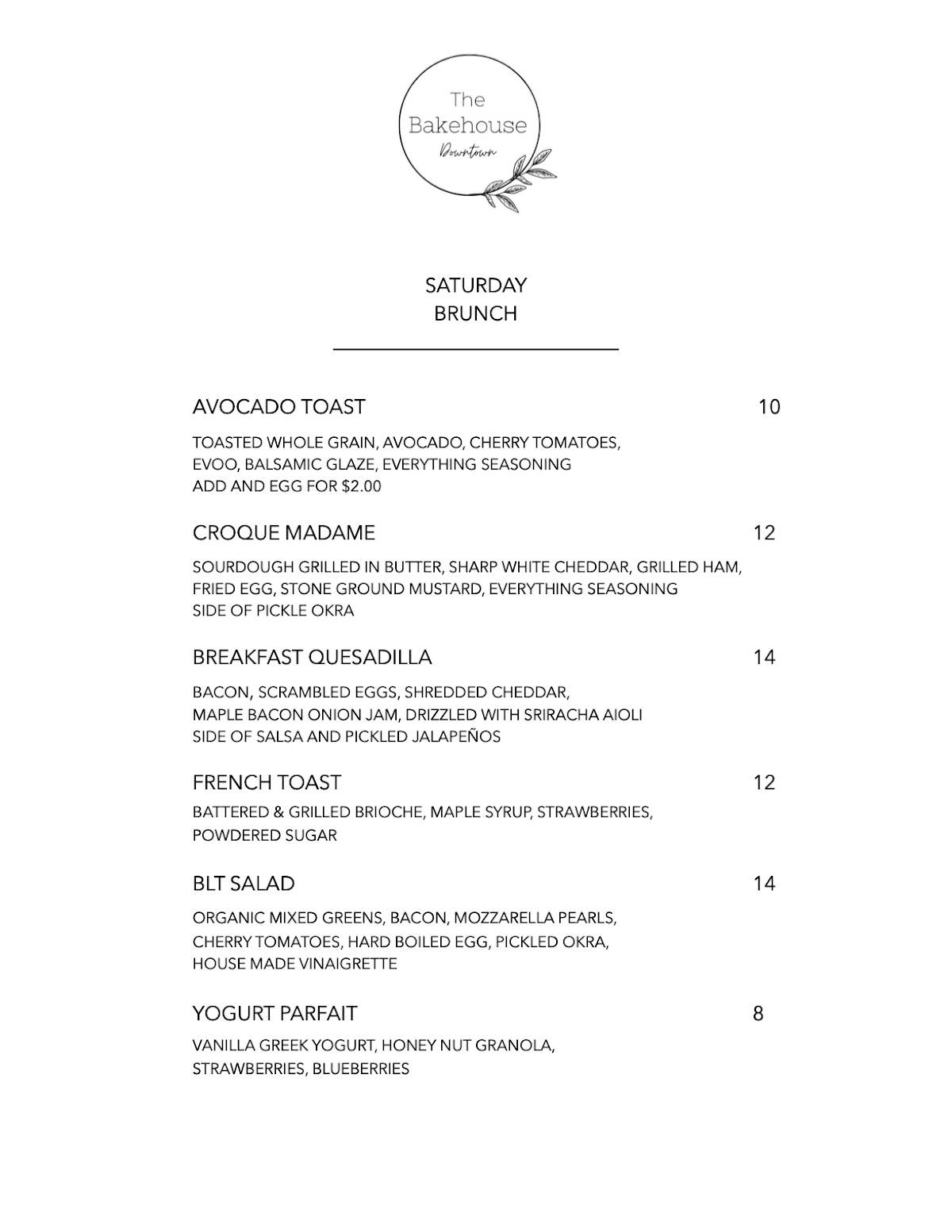 Menu at The Bakehouse cafe, Fort Payne