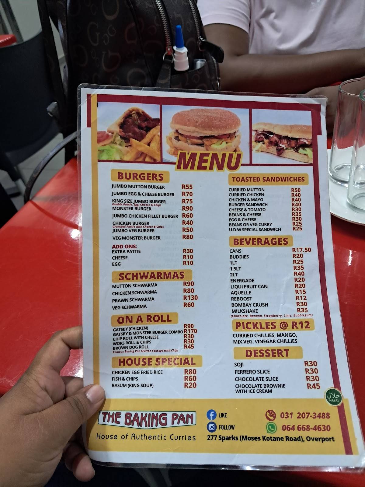 Menu at The Baking Pan restaurant, Durban