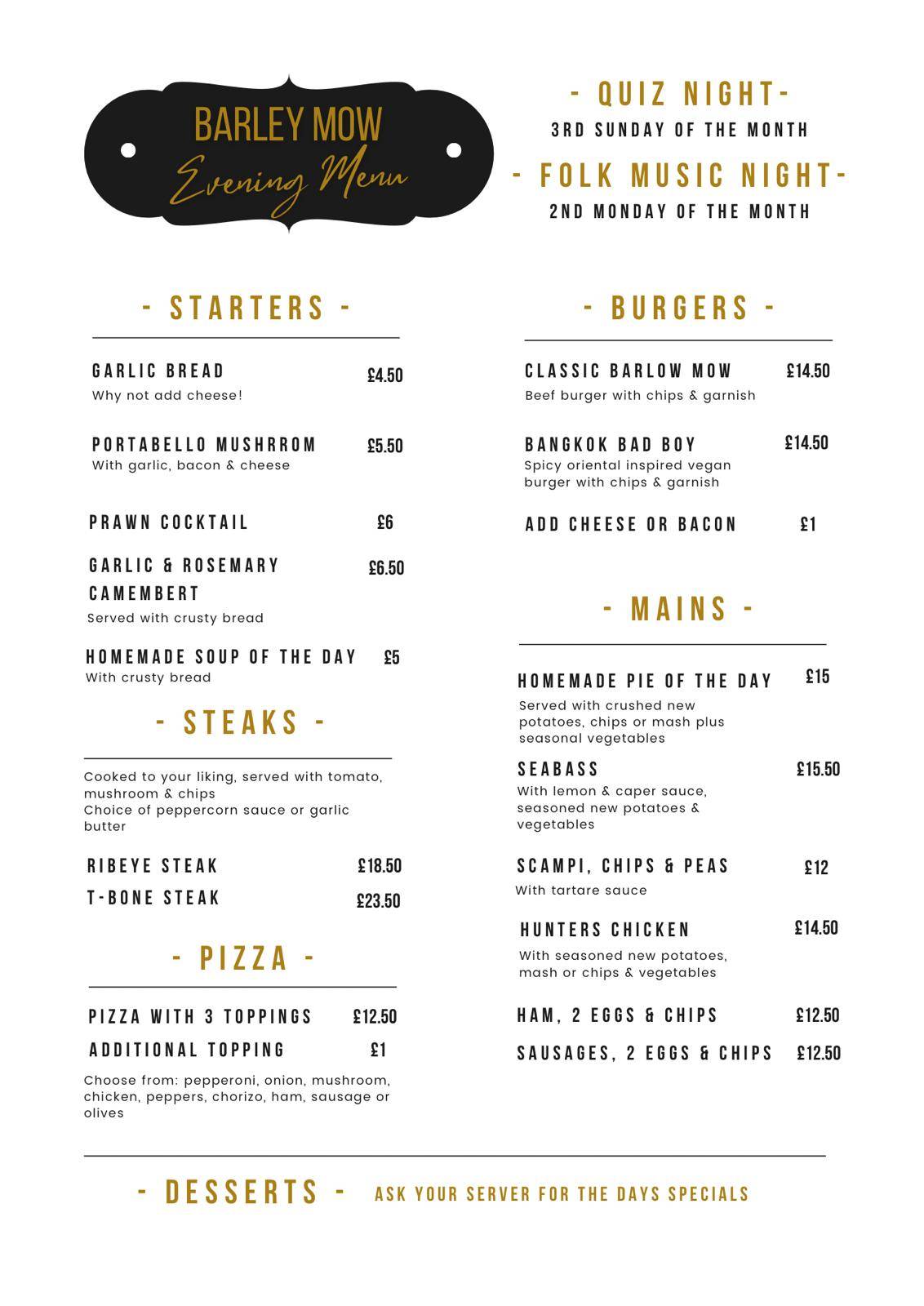 Menu at The Barley Mow, Upper Heyford