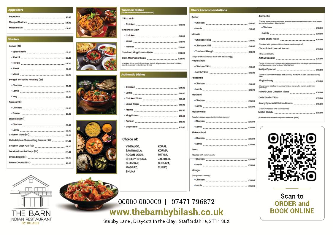 Menu at The Barn By Bilash, Uttoxeter, The New Barn Indian Restaurant