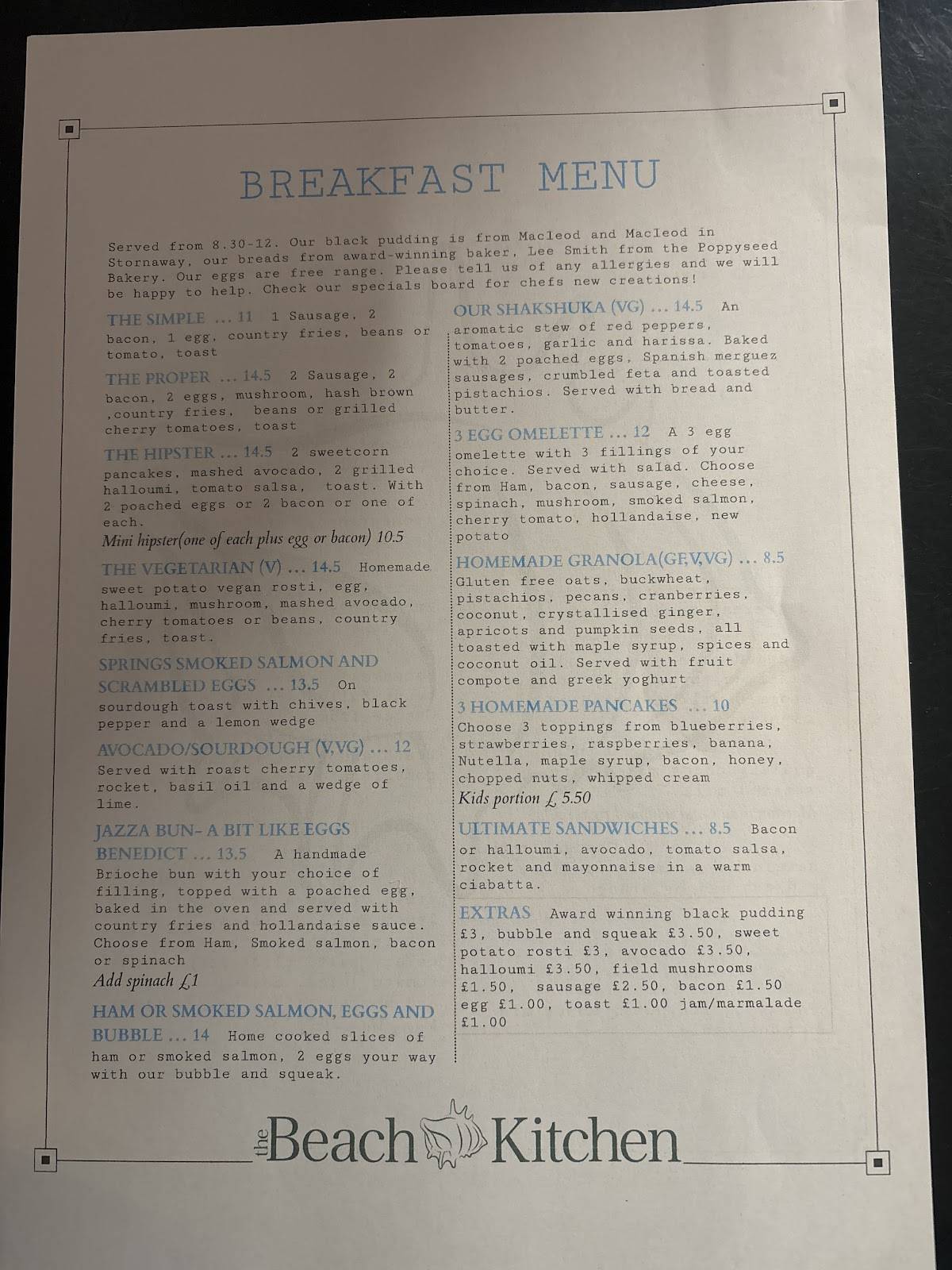 Menu at The Beach Kitchen cafe, Eastbourne