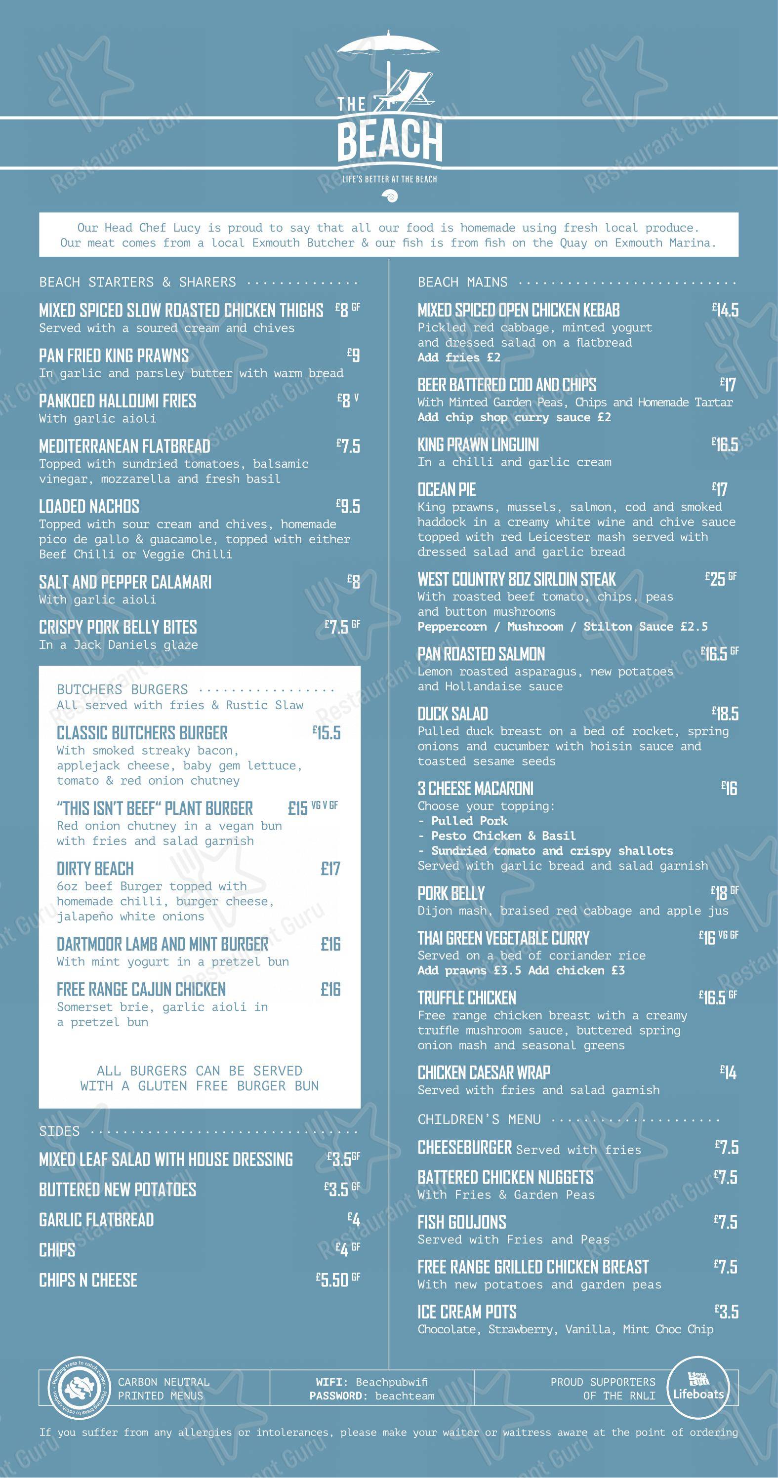 Menu at The Beach Pub, Exmouth, Victoria Rd