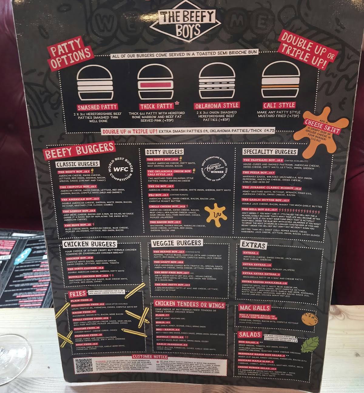 Menu at The Beefy Boys restaurant, Cheltenham