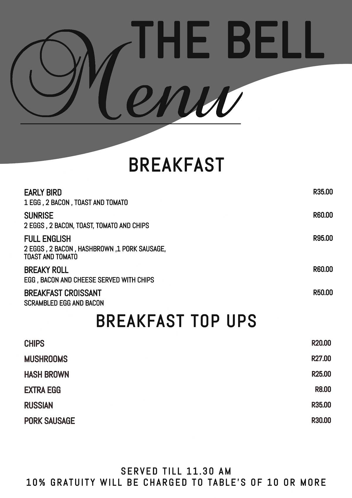 Menu at The Bell Restaurant, Park Rynie