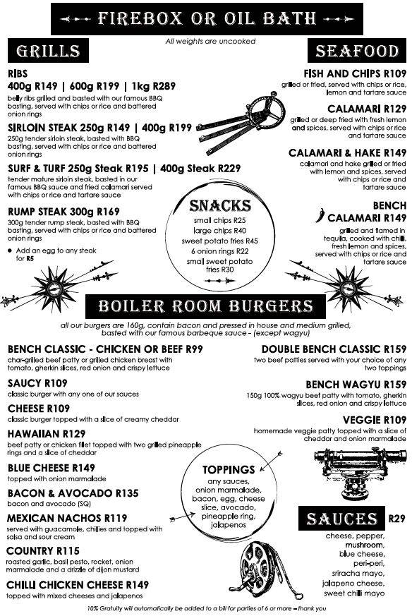 Menu at The Bench Eatery & Bar, George