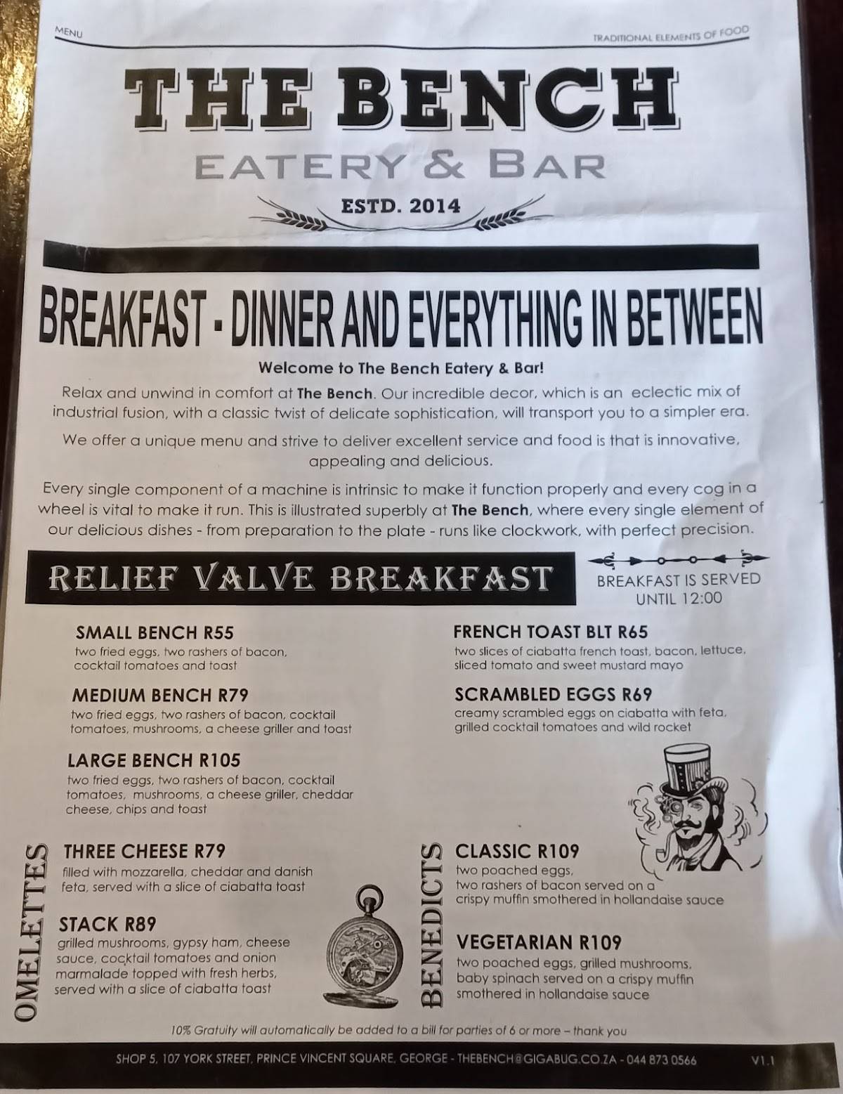 Menu at The Bench Eatery & Bar, George