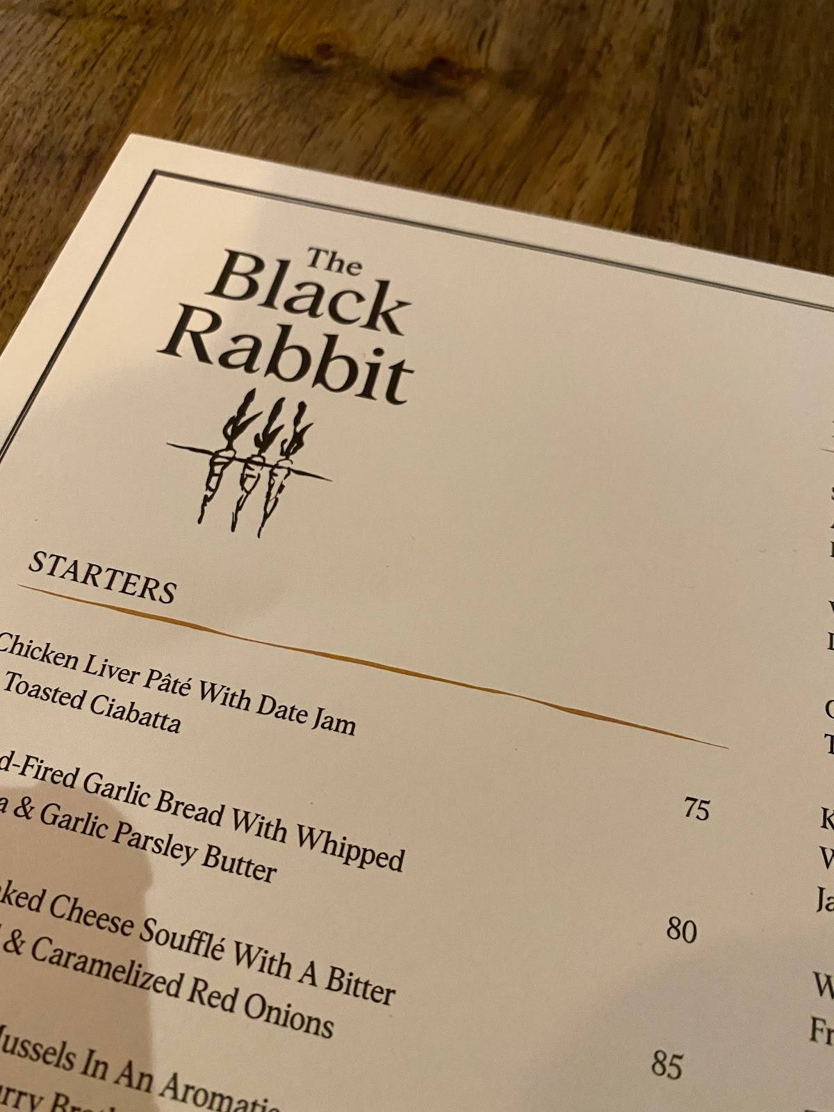 Menu at The Black Rabbit restaurant, Outer West Durban