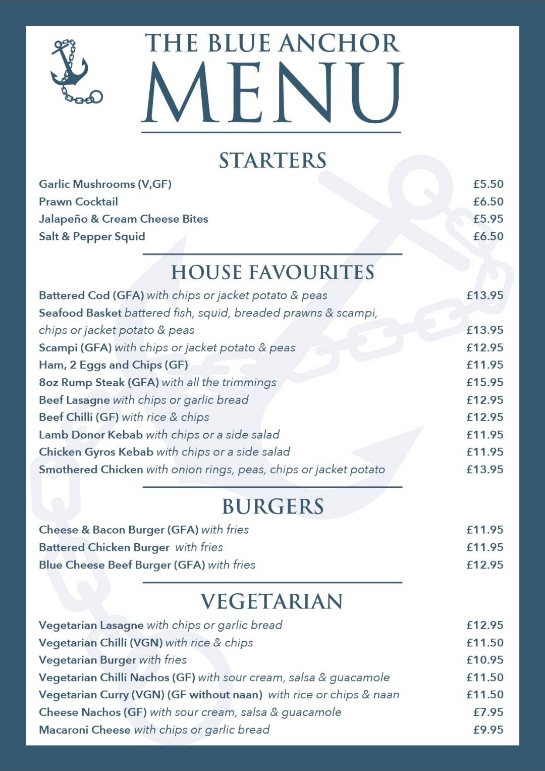 Menu at The Blue Anchor Inn pub & bar, Fraddon