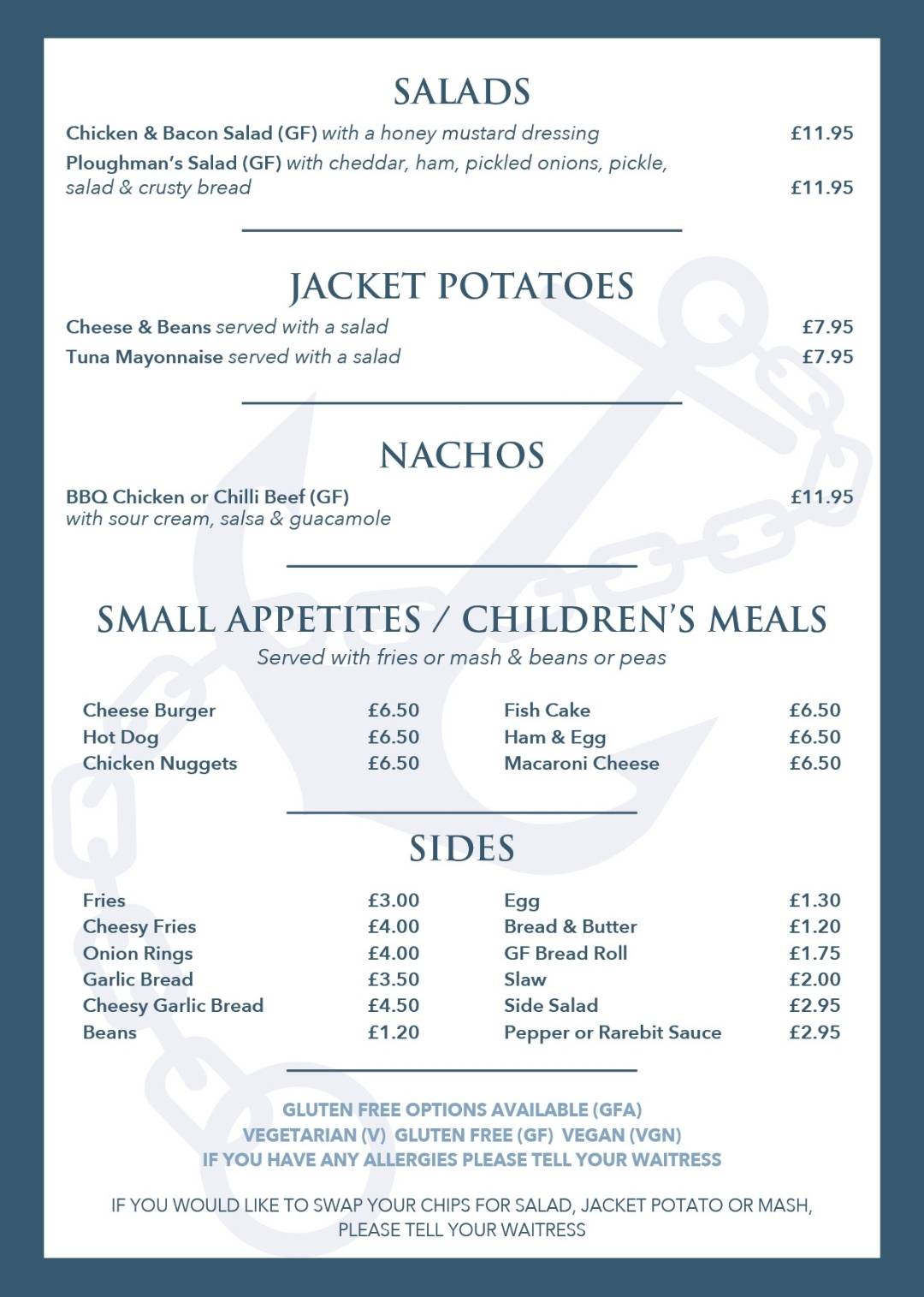 Menu at The Blue Anchor Inn pub & bar, Fraddon