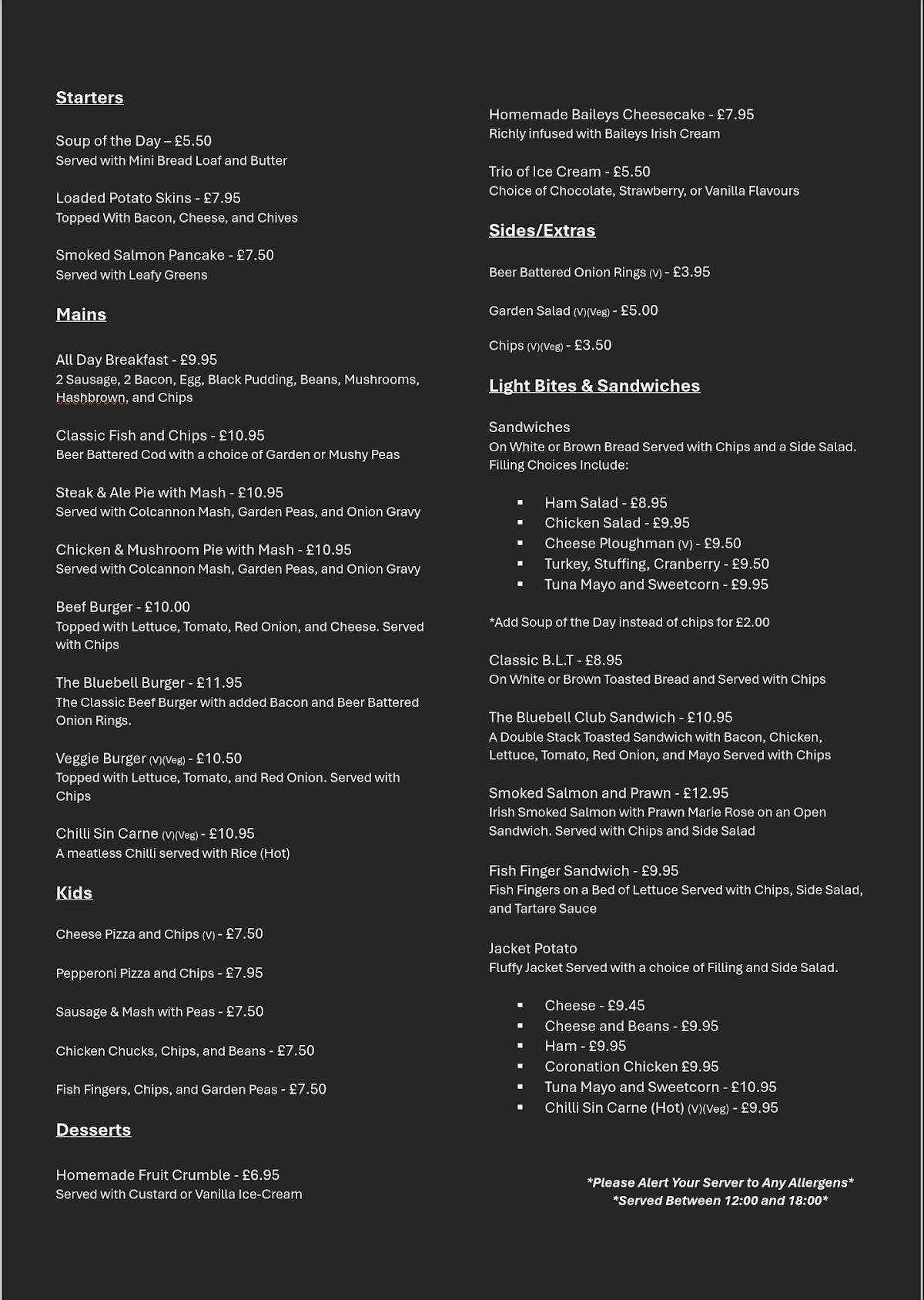 Menu at The Blue Bell pub & bar, Conwy